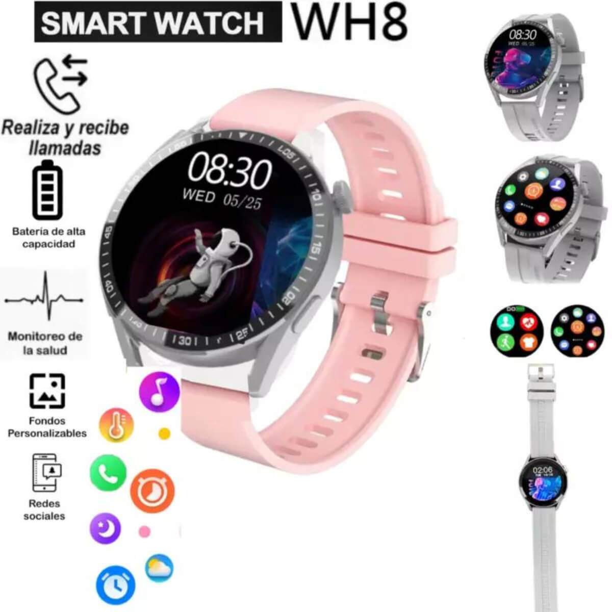 Reloj Wh8 Inteligente Smartwatch Rosado / Recibe Y Realiza Llamadas